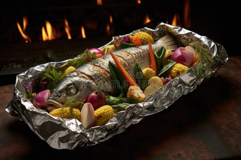 Boat Grill with Fresh Fish and Foil-wrapped Vegetables Stock ...