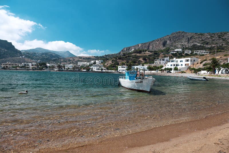 Boat in Kapsali Bay, Kithira Island, Greece Stock Photo - Image of ...