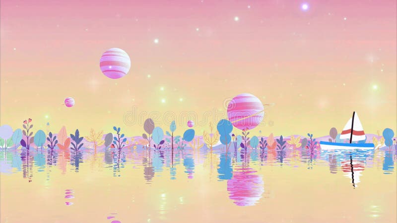 Boat Sailing with Planets in Water Reflection Animation Stock Video ...