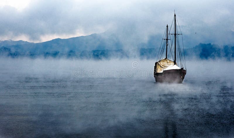 Boat, lake and Fog stock image. Image of beauty, exploration - 9588597