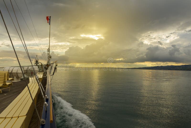 Boat on Lake Leman. Switzerland. Sunset Stock Photo - Image of lausanne ...