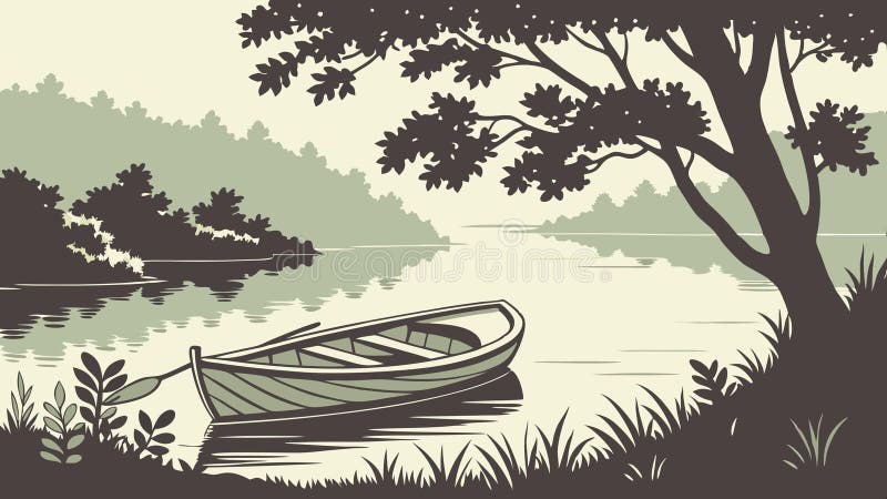Boat on Lake Under Willow Tree, Peaceful Waterscape Vector Design ...