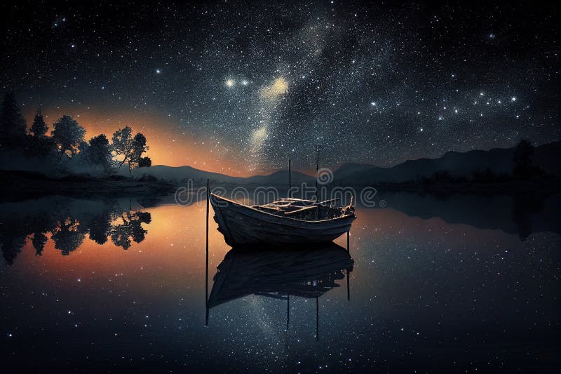 Boat Landscape Night Stars Lake. AI Generated Stock Illustration ...