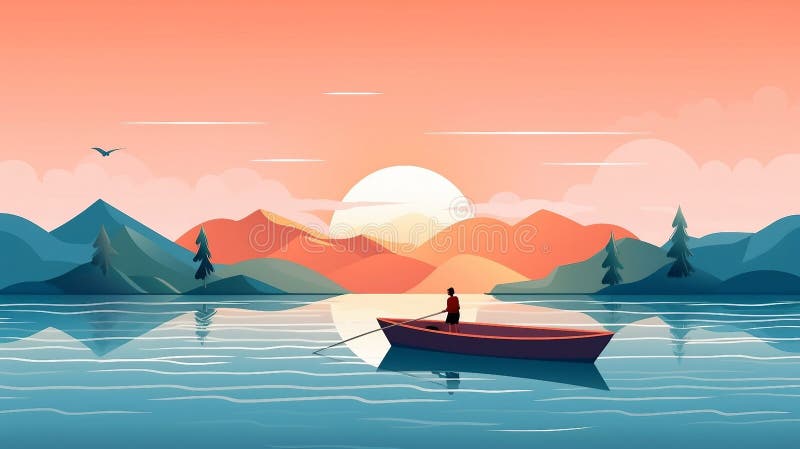 Boat with a Man in the River at Sunset Illustration AI Generated Stock ...