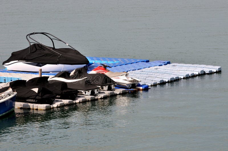 Boat and Marine Stuff on Float Platform in Harbor Stock Photo - Image ...