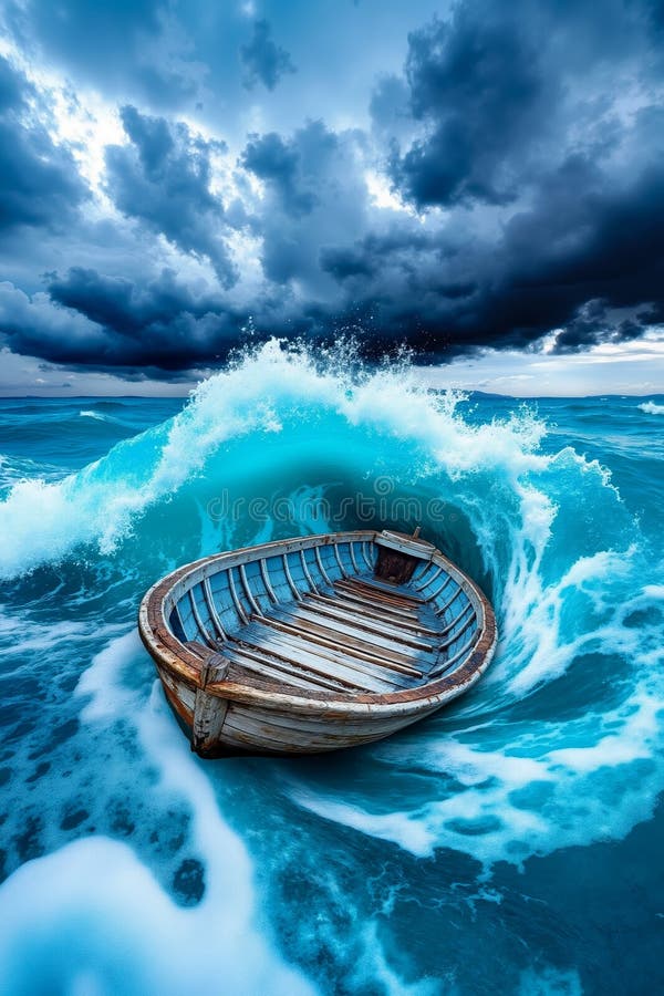 A Boat in the Middle of a Large Wave in the Ocean Stock Image - Image ...