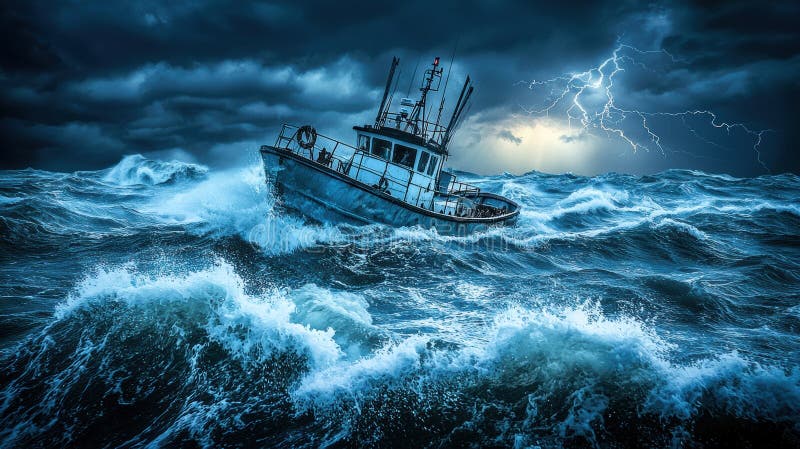 A Boat is in the Middle of a Rough Sea with a Storm in the Background ...