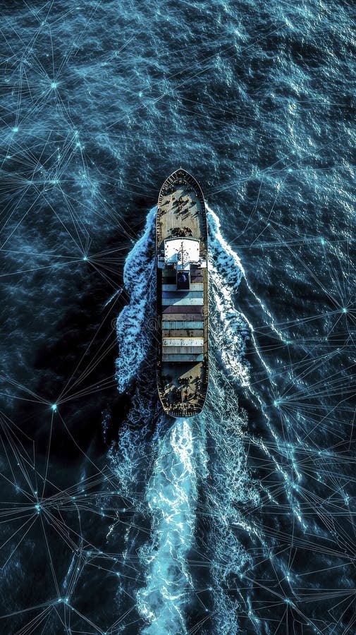 Boat Navigating through Blue Digital Ocean Patterns Stock Illustration ...