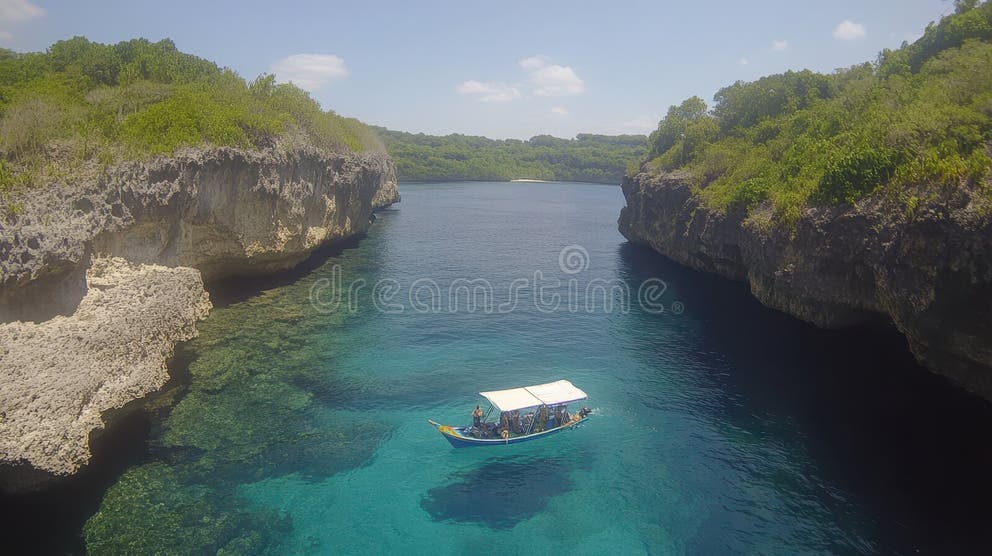 Boat Navigating a Scenic Coastal Channel between Cliffs Stock ...