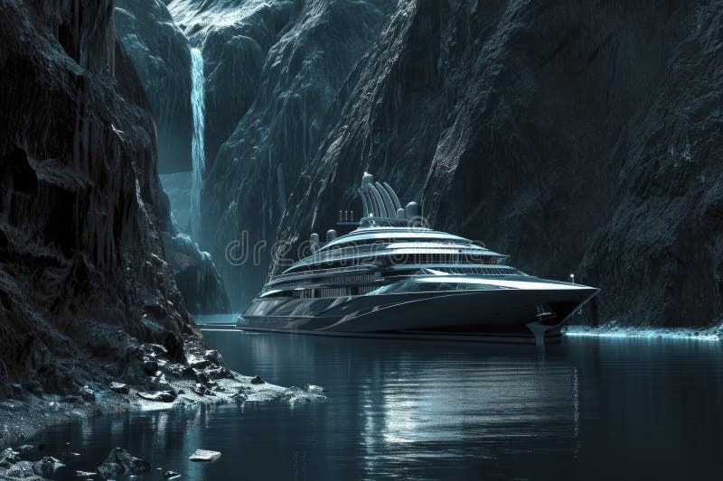 Boat Navigating beside a Towering Cliff on Tranquil Waters, AI ...