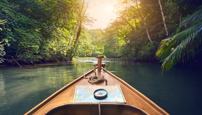 Boat Navigating a Tropical River with a Map and Compass on the Deck ...