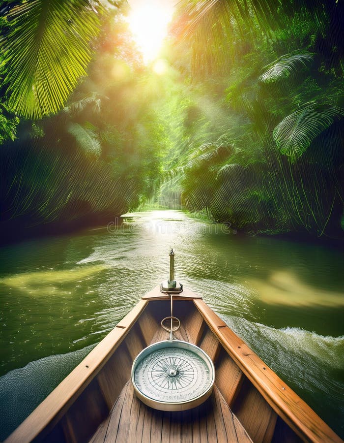 Art of Boat Navigating a Tropical River with a Map and Compass on the ...