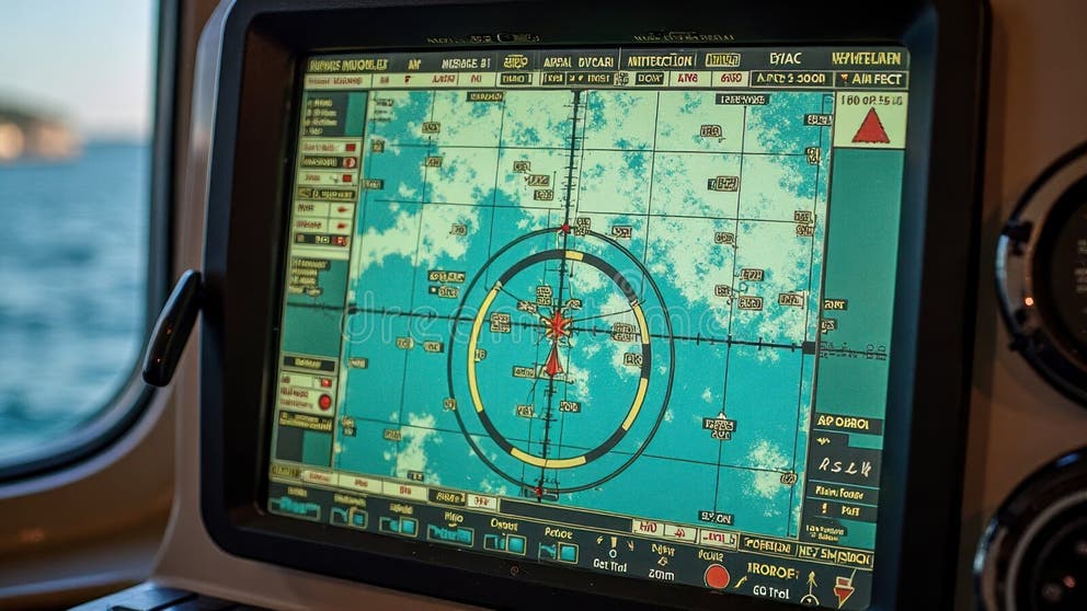 Boat Navigation System Displaying Maritime Radar Map and Gps ...