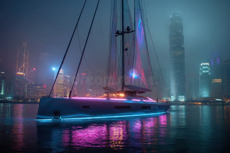 A Boat with Neon Lights on it is Sailing in the Night Stock ...