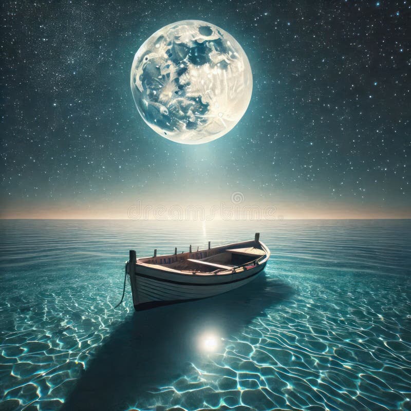 Boat in the Ocean Under a Full Moon. Stock Image - Image of calm, stars ...