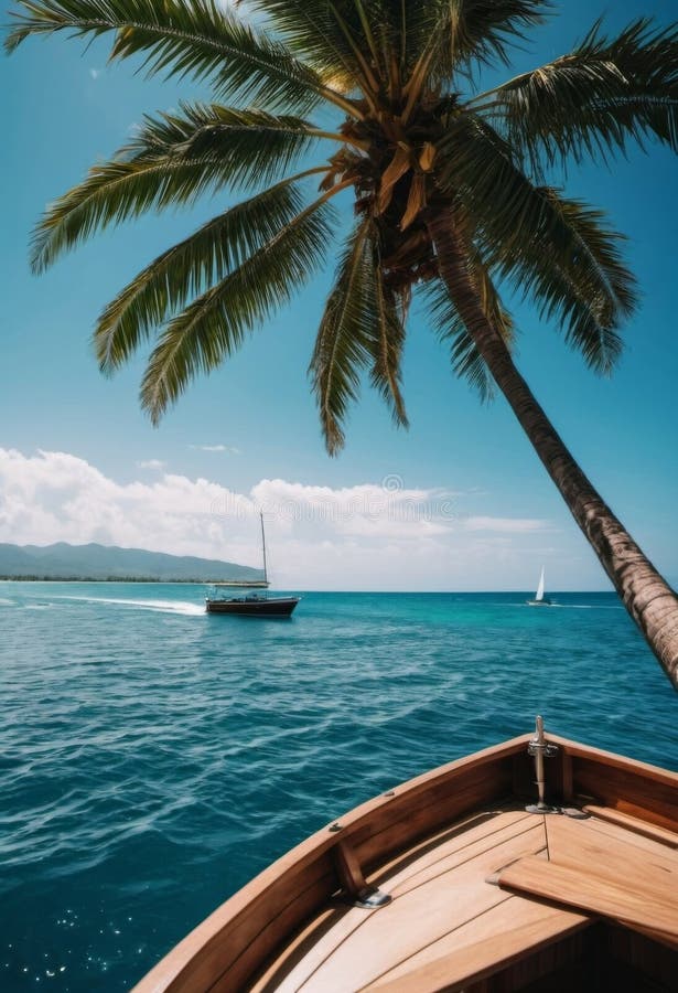 Boat and Palm Tree on Tropical Islands Phone Wallpaper. Ai Generated ...