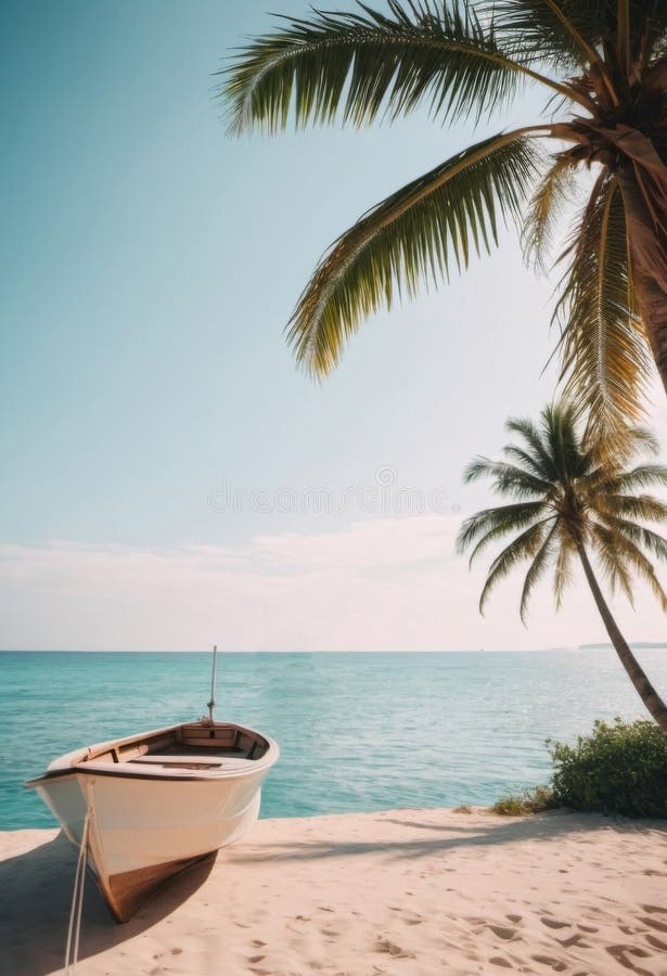 Boat and Palm Tree on Tropical Islands Phone Wallpaper. Ai Generated ...