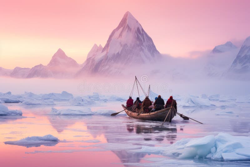 A Boat with People Rowing among Ice Floes Against the Backdrop of ...