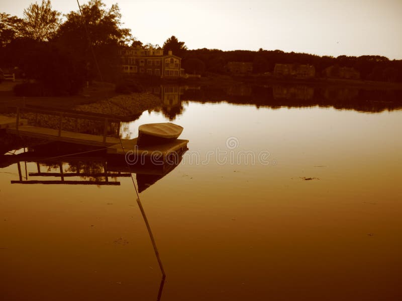 Boat and Pond at Sunset in Sepia Stock Image - Image of monochrome ...