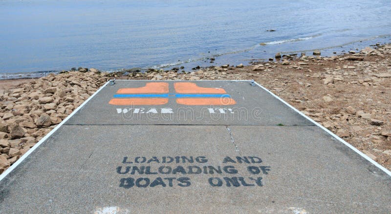Boat Ramp with Life Jacket Warning. Stock Image - Image of launch, life ...