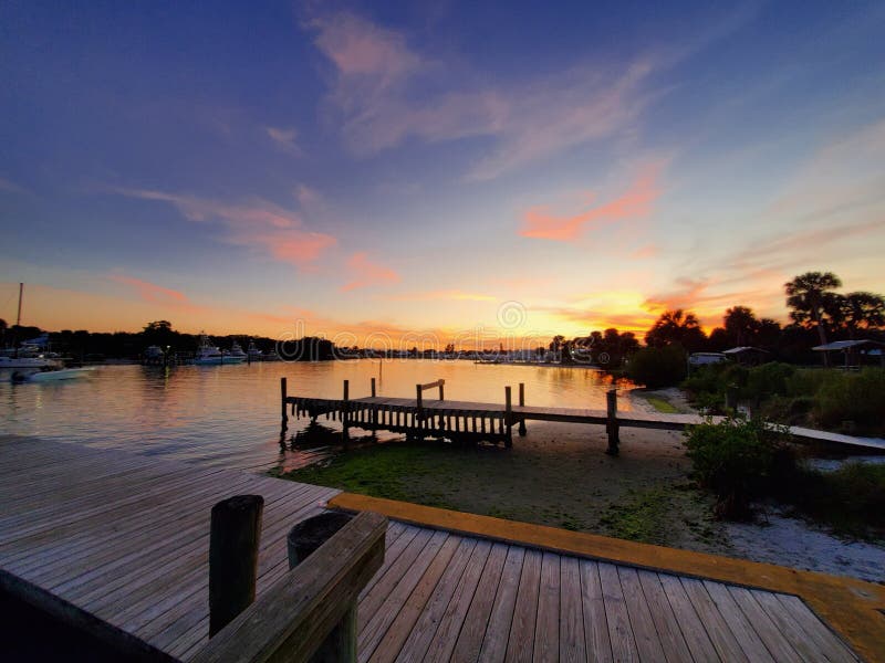 Boat Ramp Sunset Inlet Florida Waterway Deck Stock Photo - Image of ...