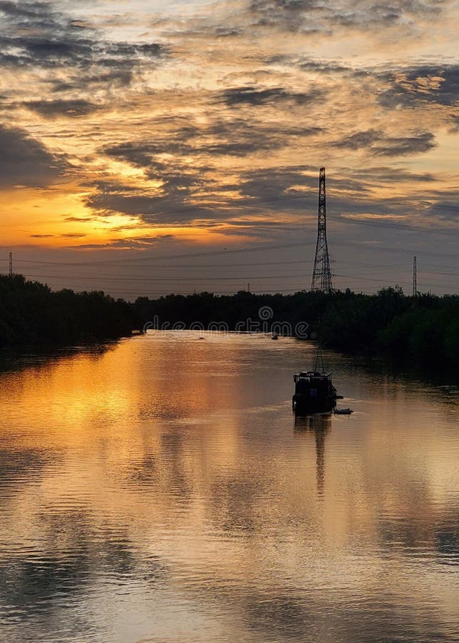 The Boat Reflection on the River Stock Image - Image of dawn, cloud ...