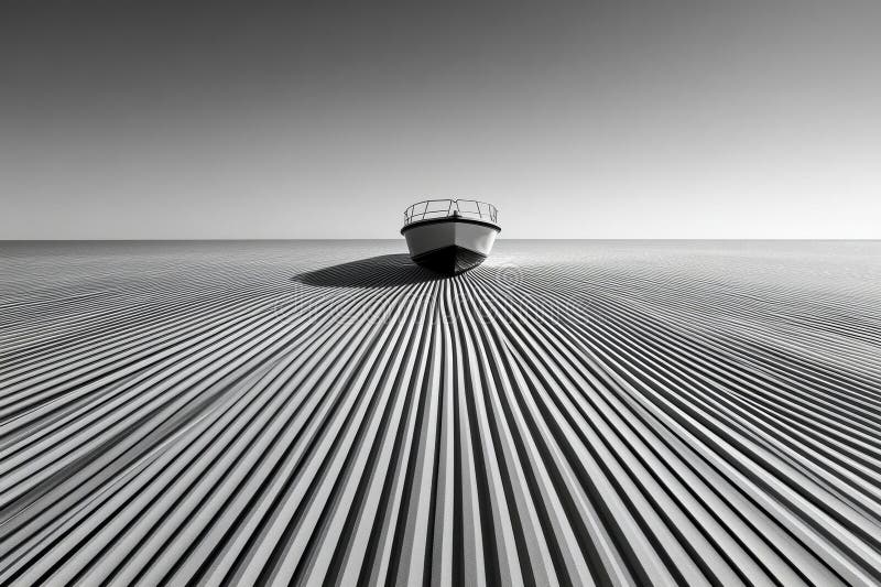 A Boat Rests on a Vast Ocean, Accompanied by Dynamic, Parallel Lines ...