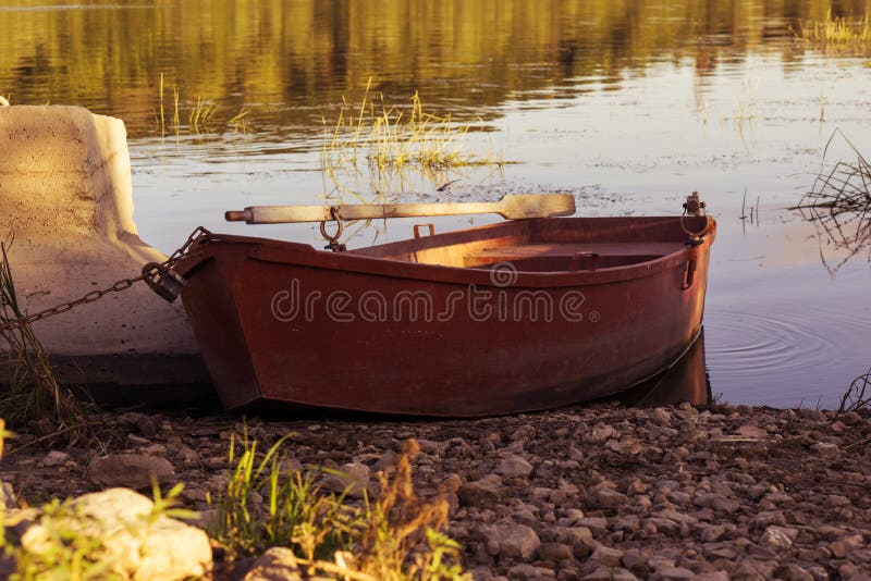 Boat on the River Bank at Sunset Stock Image - Image of spring, forest ...