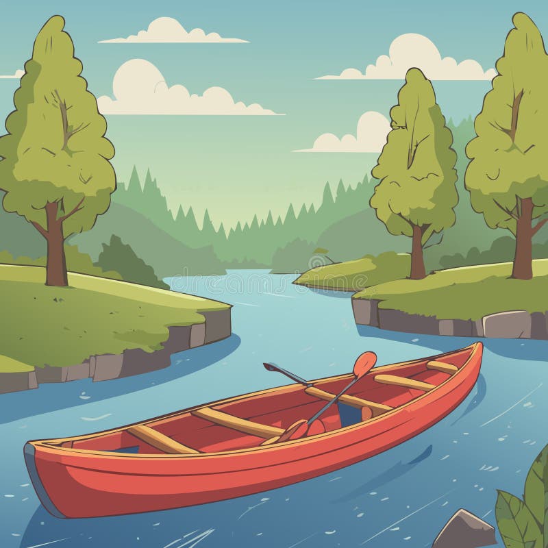Boat on the River in the Forest. Vector Illustration in Cartoon Style ...