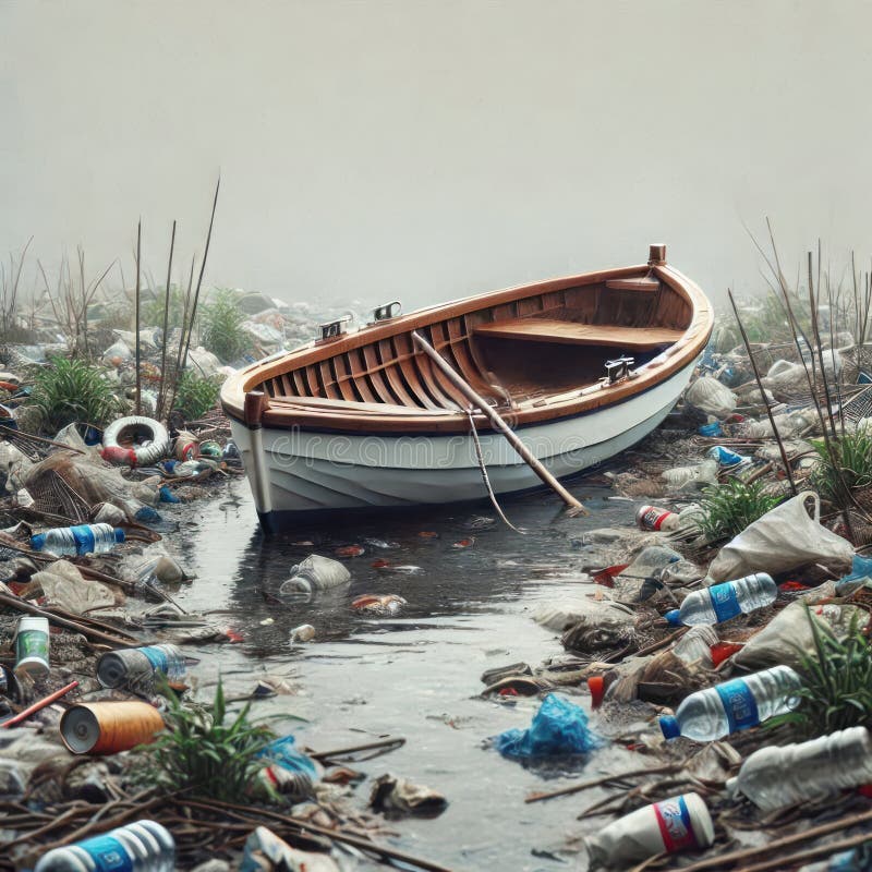 A Boat in a River Surrounded by Garbage. Stock Image - Image of dirty ...