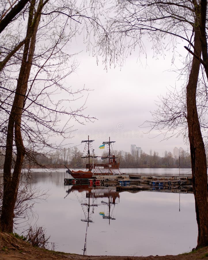 The Boat on the River with Trees on the Sides Stock Image - Image of ...
