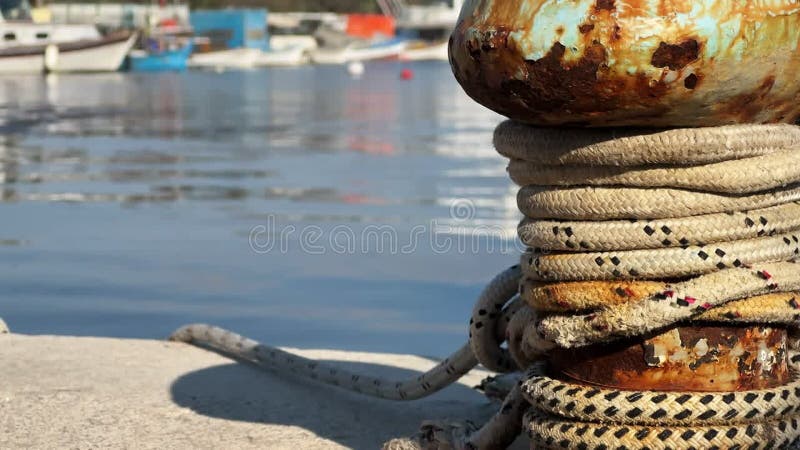Boat Rope on Rusty Iron Bollard and Sea Stock Footage - Video of marin ...