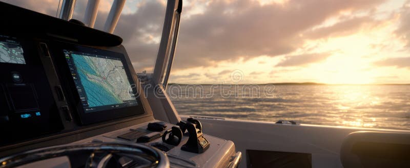 The Boat S Dashboard Illuminated by a Beautiful Sunset Over the Ocean ...