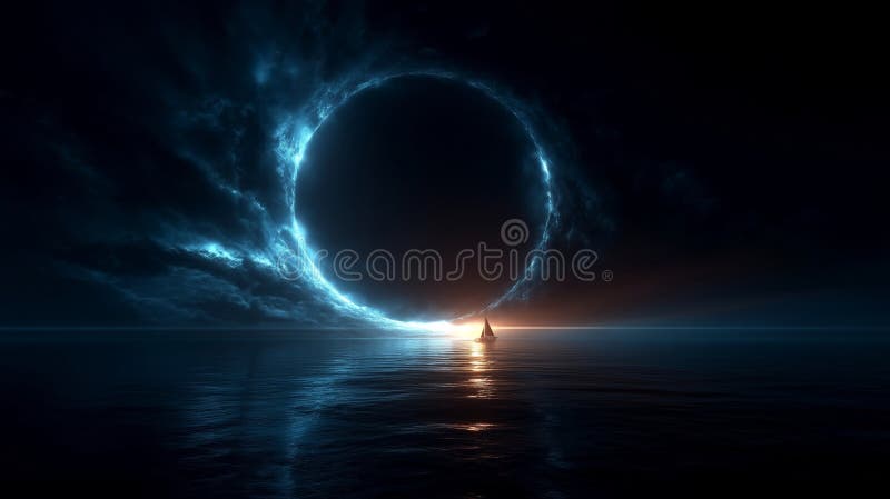 Boat Sailing Near Glowing Ocean Eclipse Stock Illustration ...