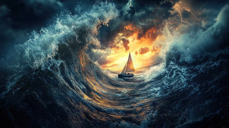 A Boat is Sailing in a Rough Sea with a Stormy Sky in the Background ...