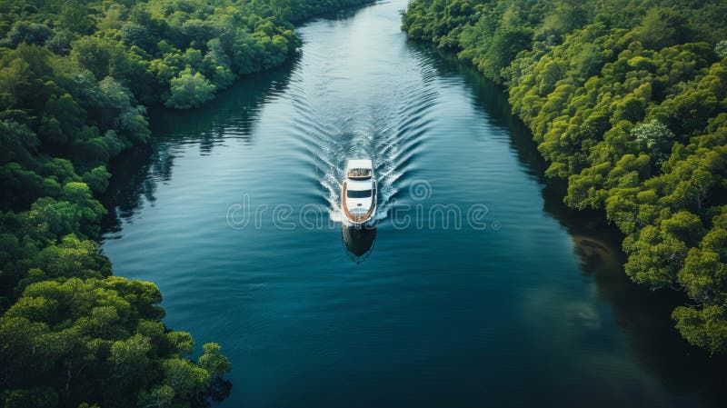 A Boat Sails Down a Narrow River Channel Stock Photo - Image of ...