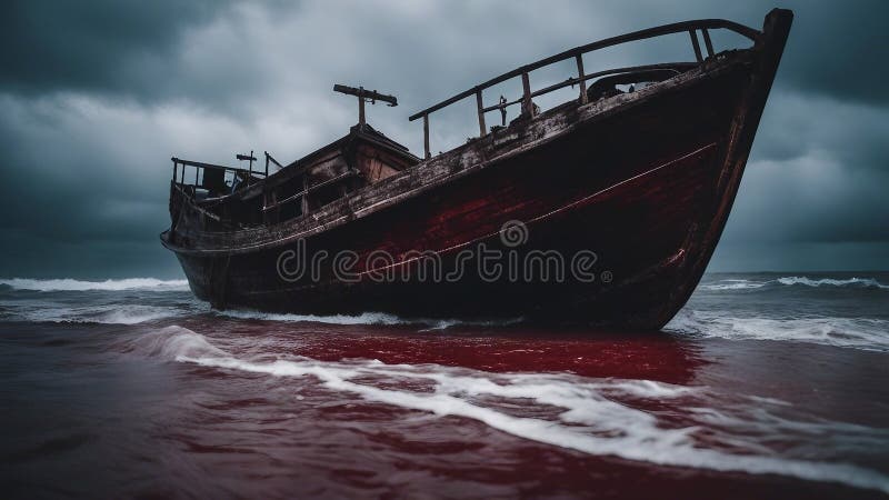 Boat in the Sea of Blood a Scary Beach with a Sinking Boat at a Sea of ...