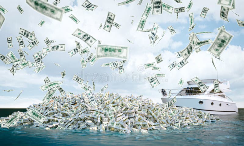 Boat in the Sea with Island of Dollars, Money Falling from the Sky ...