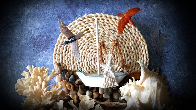 Boat with Seashell, Conch Shell on Background, Sea Elements, Stock ...