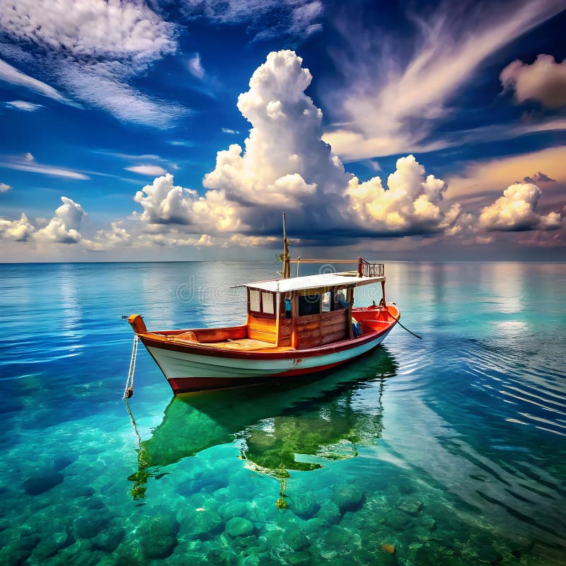 Boat in see clean water stock photo. Image of guidance - 341601208