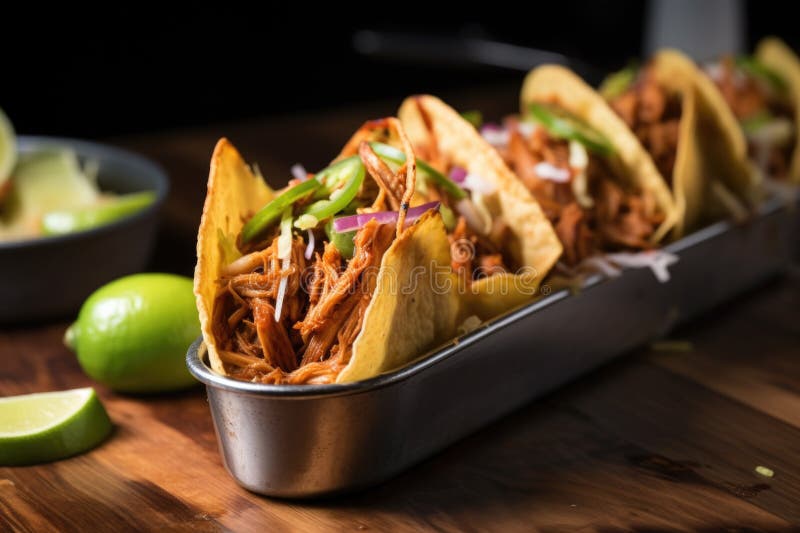 Boat Shaped Crispy Taco Shell Filled with Bourbon Bbq Pulled Chicken ...
