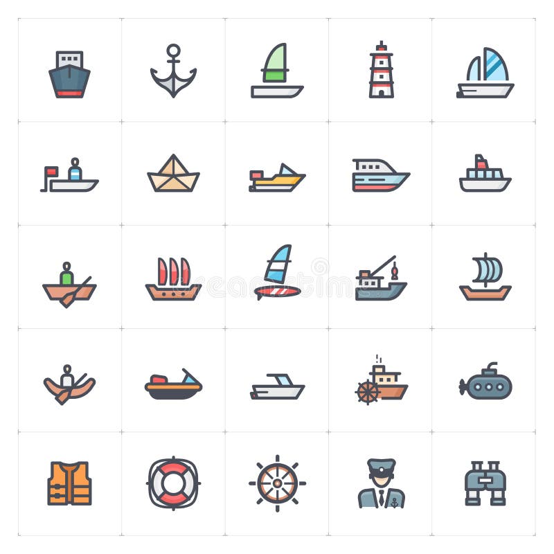 Icon Set - Boat and Ship Color with Stroke Stock Vector - Illustration ...
