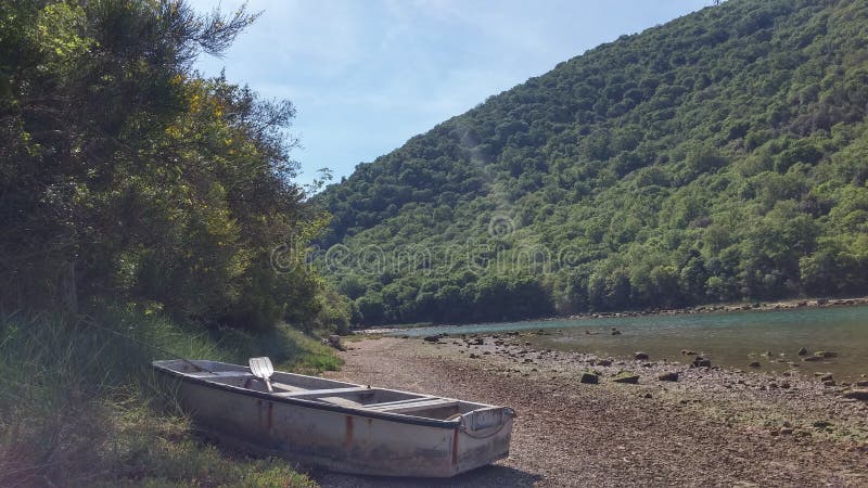 Boat at the lake in forest stock image. Image of blue - 101802365