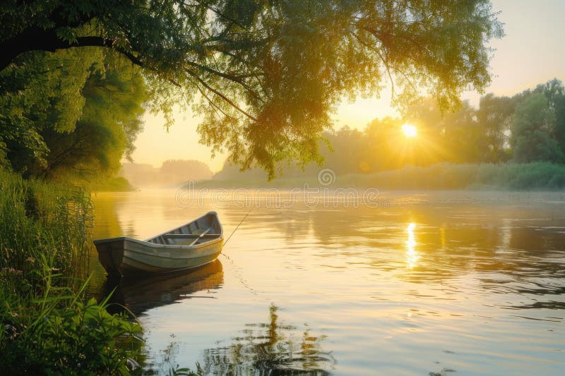A Boat Sits Peacefully on the Riverbank, Accompanied by a Towering Tree ...