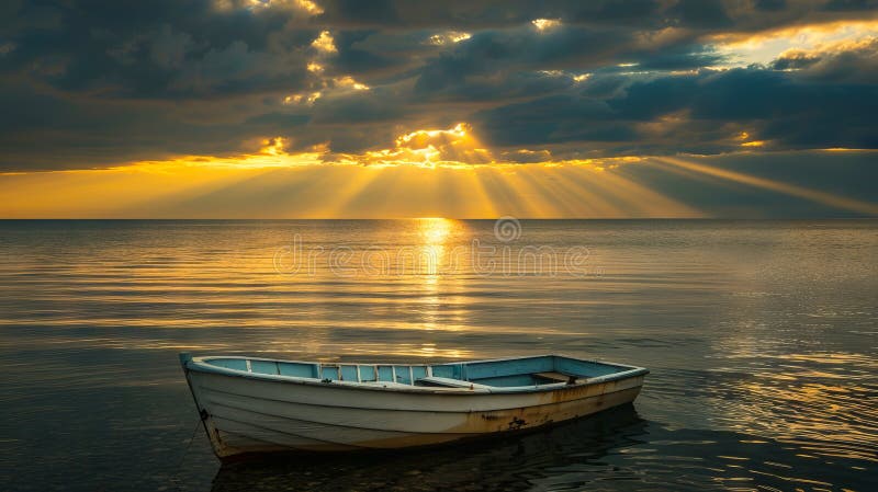 A Boat Sits in the Water with Sun Rays Shining through Stock Image ...
