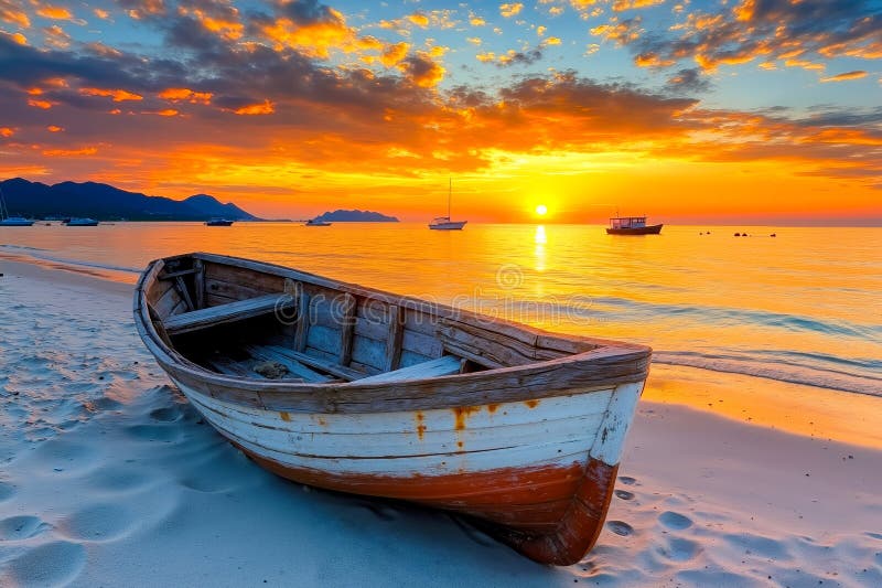 Yellow Rowboat Tranquil Sandy Beach Ocean Sunset Stock Photos - Free ...