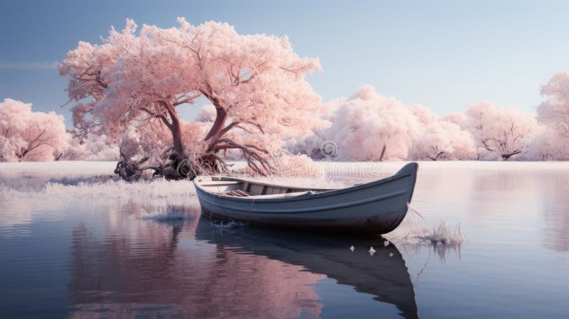 A Boat is Sitting on the Water in Front of a Pink Tree Stock ...