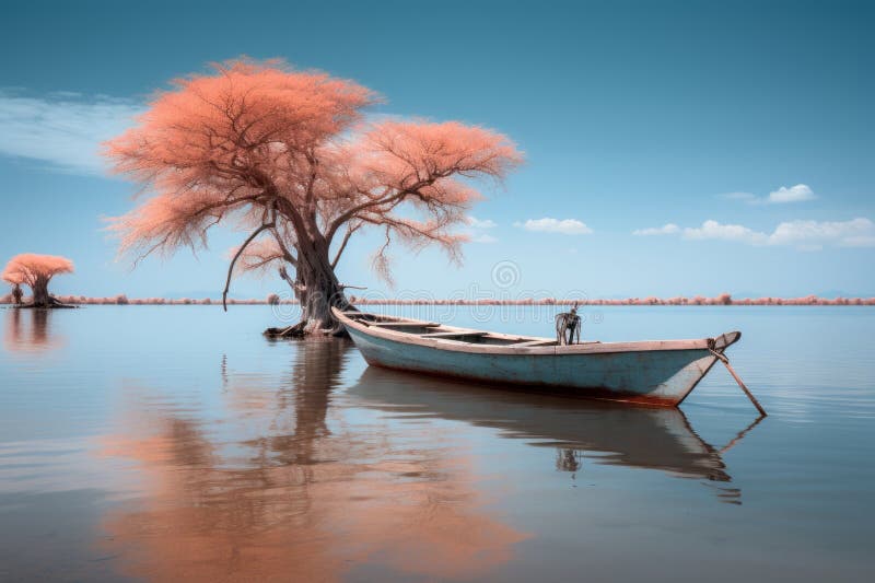A Boat is Sitting on the Water Next To a Tree Stock Illustration ...