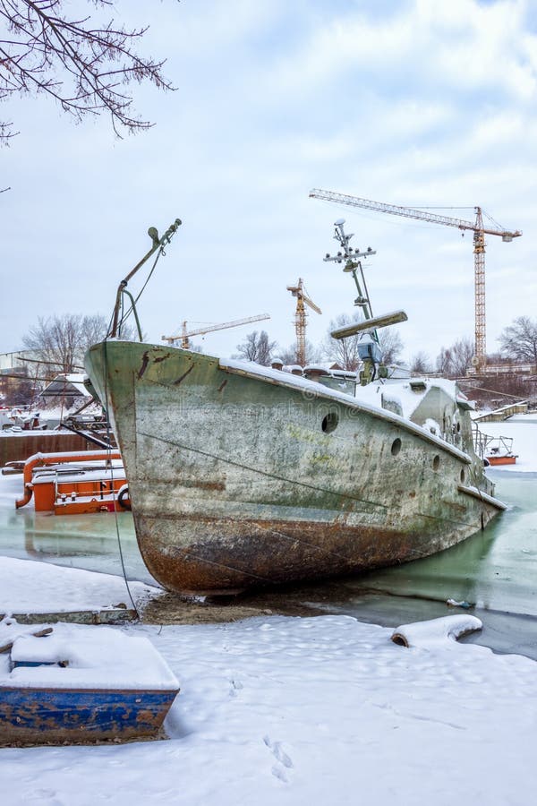 Boat Stuck on the Shore Frozen in Ice Stock Image - Image of water ...