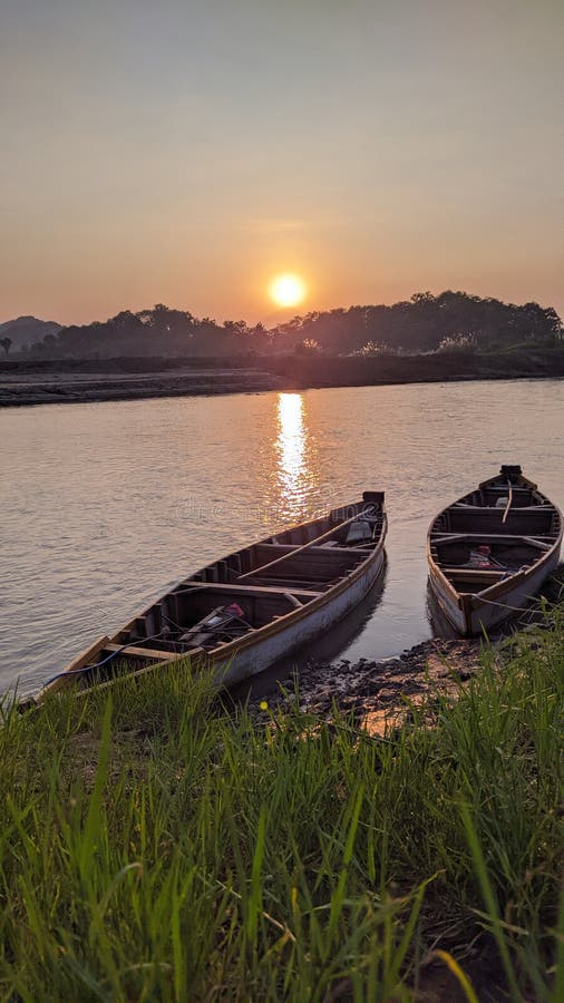 Boat water sunset beatiful stock image. Image of river - 221649891